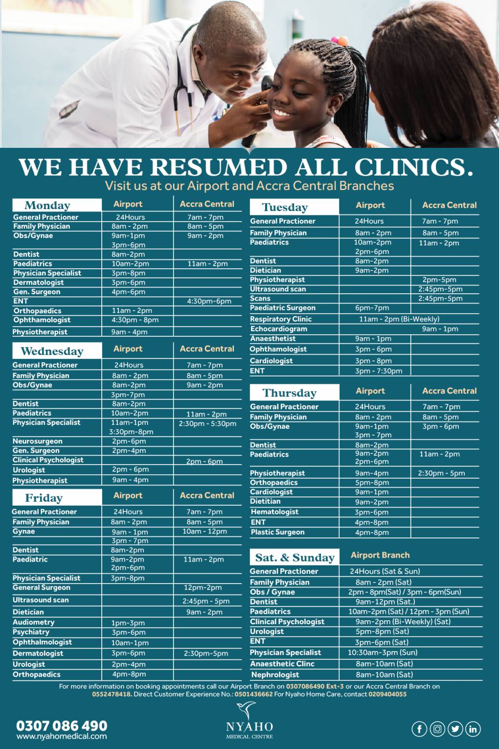 Nyaho Medical Centre - Full Clinic Schedule - Nyaho Medical Centre